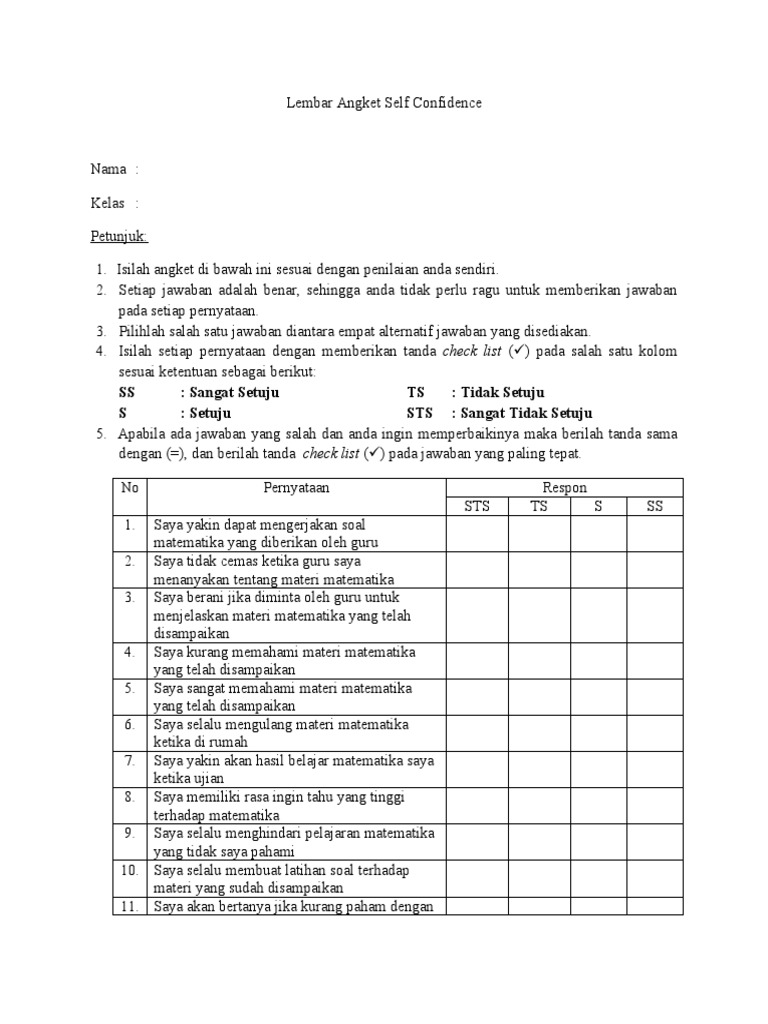 Lembar Angket Self Confidence | PDF