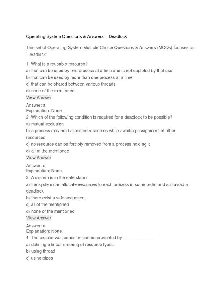 Operating System Questions & Answers - Deadlock | PDF | Process (Computing) | Concurrency ...