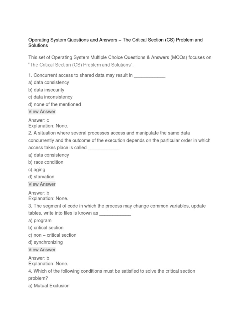 Operating System Questions And Answers The Critical Section Cs Problem And Solutions Pdf