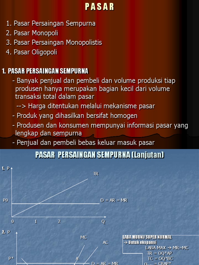 P A S A R. 1. Pasar Persaingan Sempurna 2. Pasar Monopoli 3. Pasar Persaingan Monopolistis 4 ...
