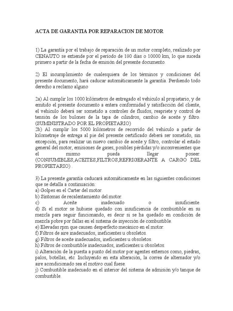Certificado de Garantia Reparacion Motor Dr. Bolivar | PDF | Vehículos ...