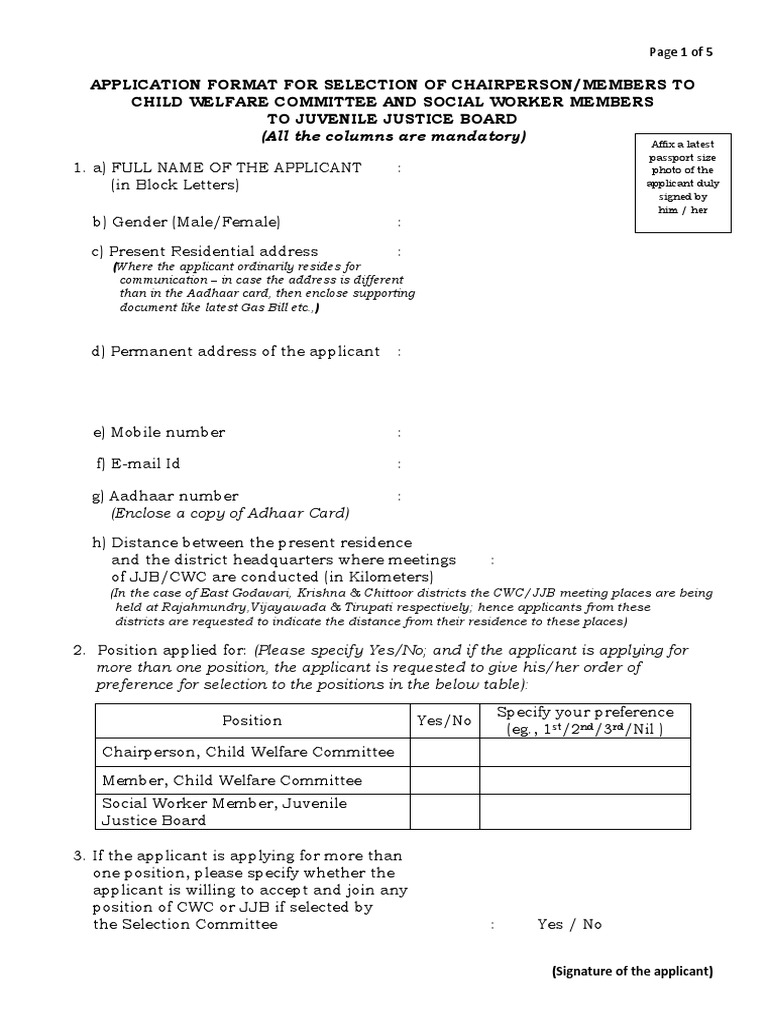 Application Format For Selection of Chairperson/Members To Child ...
