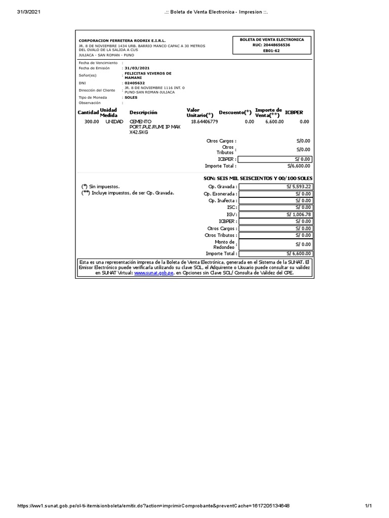 Boleta de Venta Electronica - Impresion | PDF | Business
