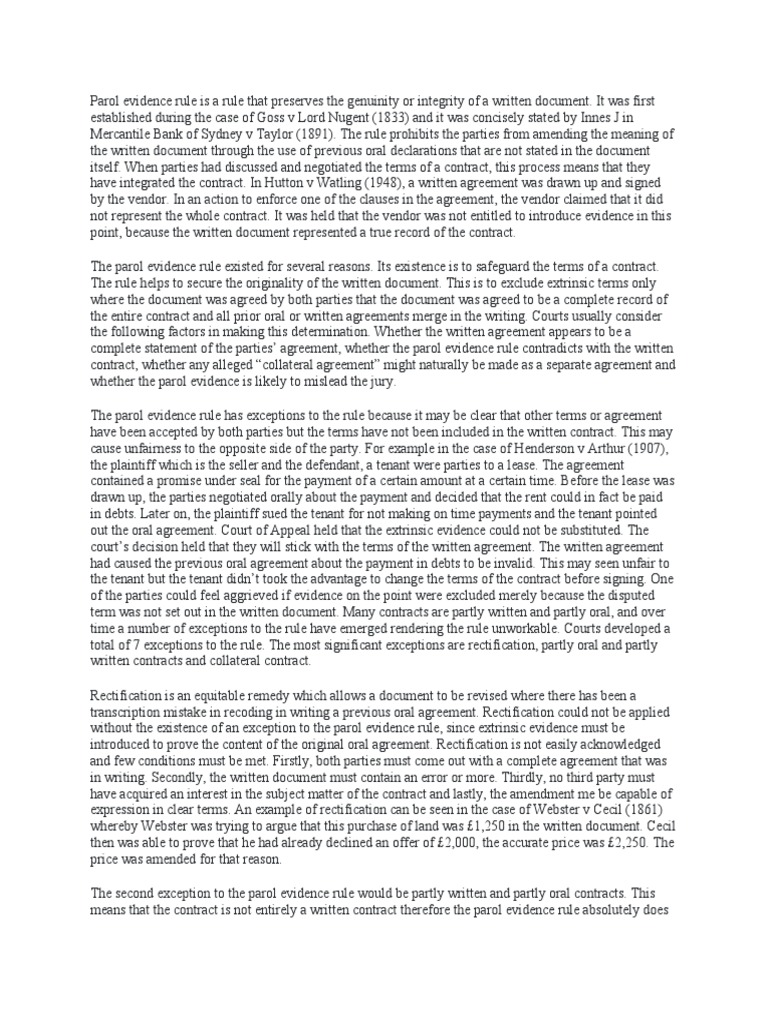 Parol Evidence Rule and Its Exceptions | Download Free PDF | Parol ...