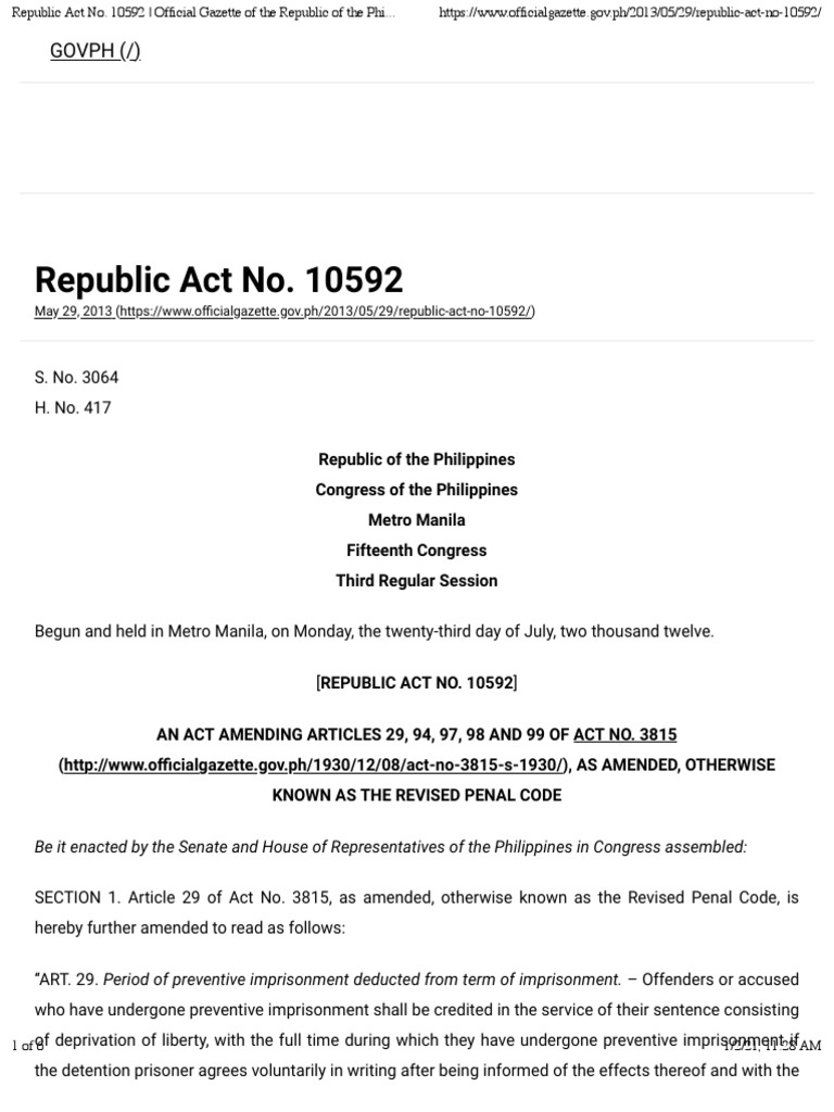REPUBLIC ACT No. 10592 GCTA | PDF | Prison | Sentence (Law)