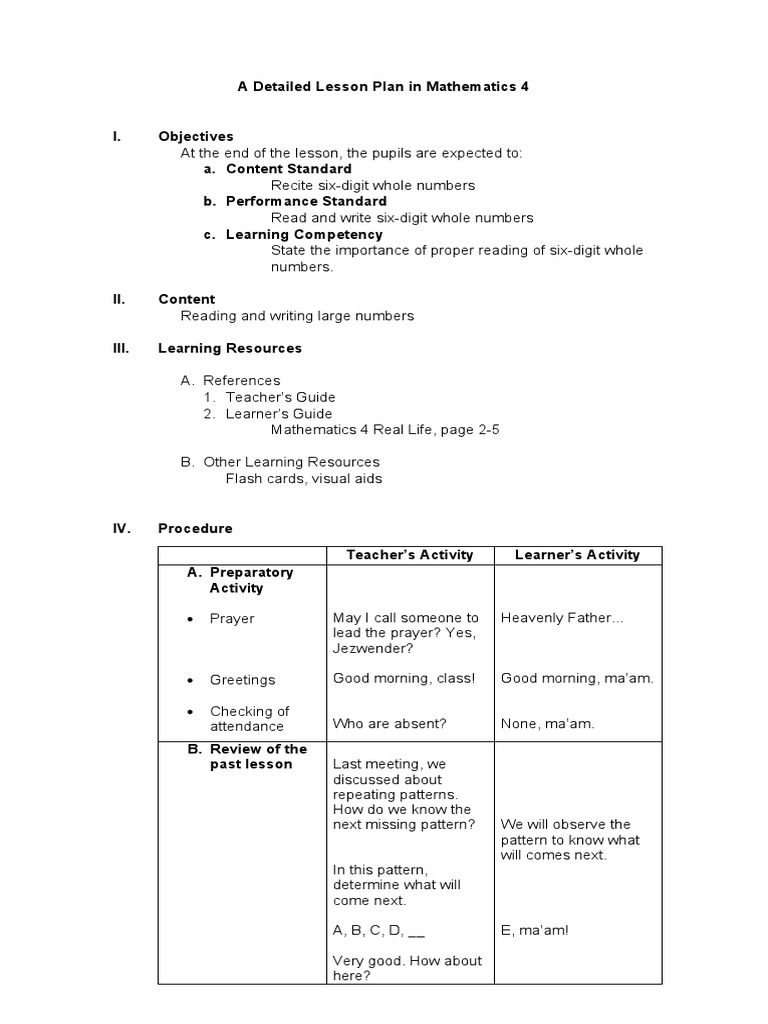 Lesson Plan: Reading Six-Digit Numbers | PDF | Lesson Plan ...