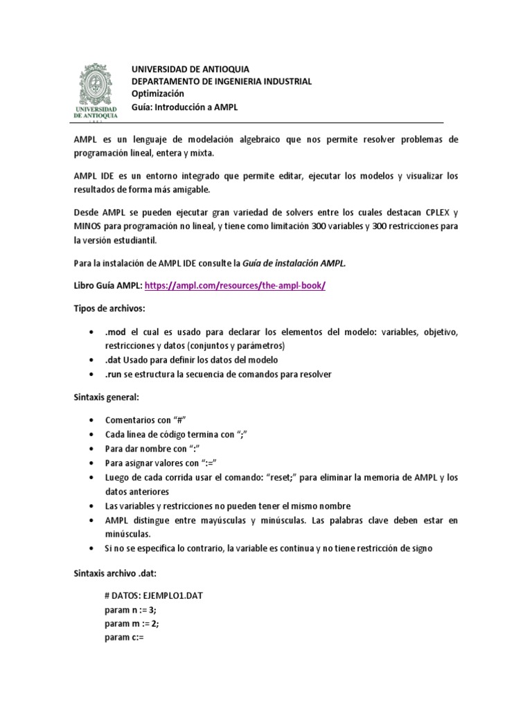 Guía - Introducción A AMPL | PDF | Lenguaje de programación | Programación de computadoras