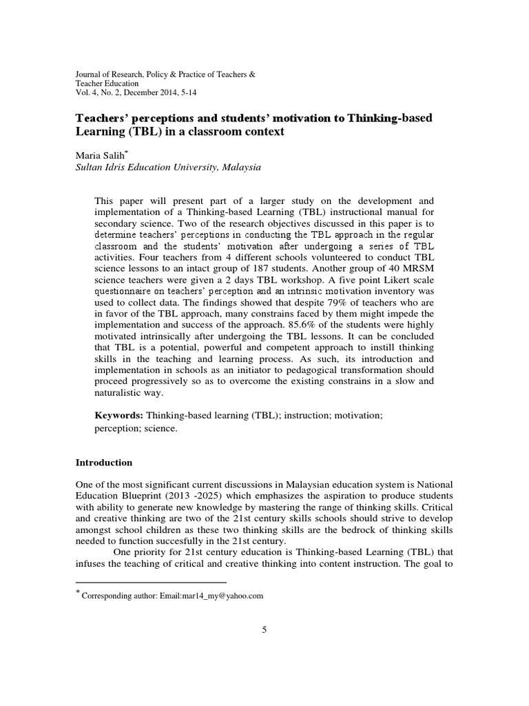 Teachers' Perceptions and Students' Motivation To Thinking-Based ...