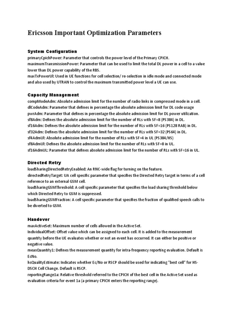 Ericsson Important Optimization Parameters | Download Free PDF | High Speed Packet Access ...