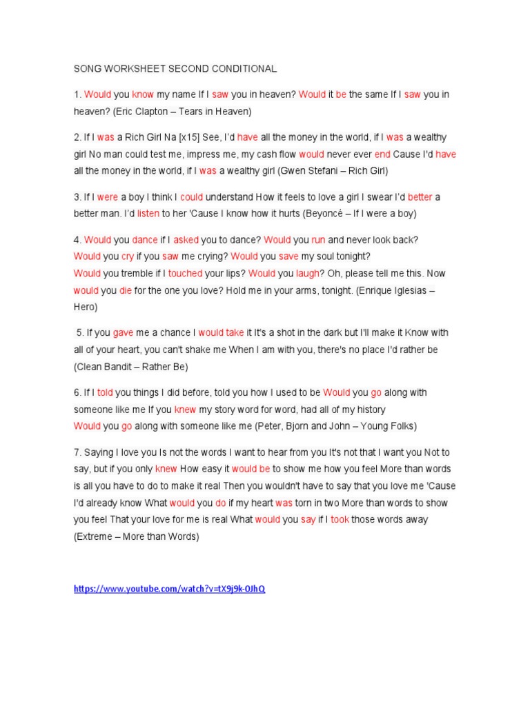 Second Conditional Songs Worksheet | PDF