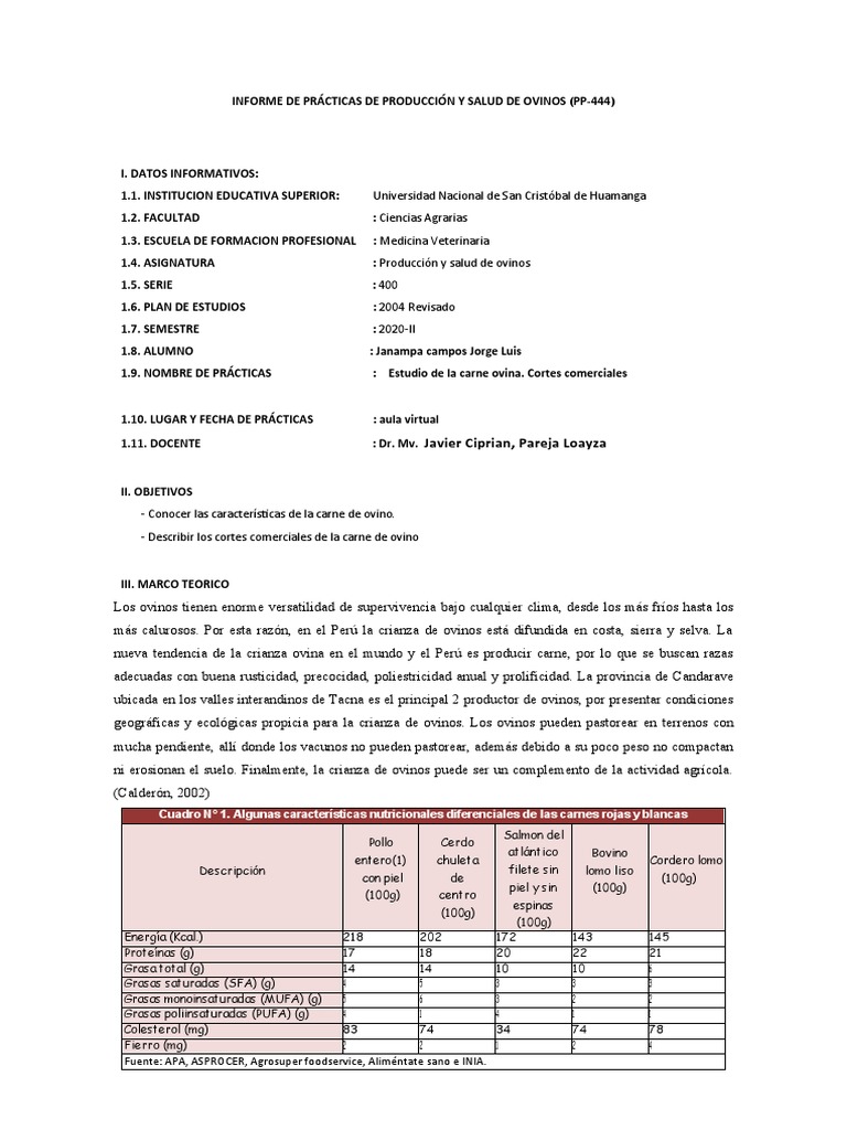 3do INFORME DE PRACTICA DE PRODUCCION Y SALUD DE OVINOS - Estudio de La Carne Ovina | PDF | Lana ...