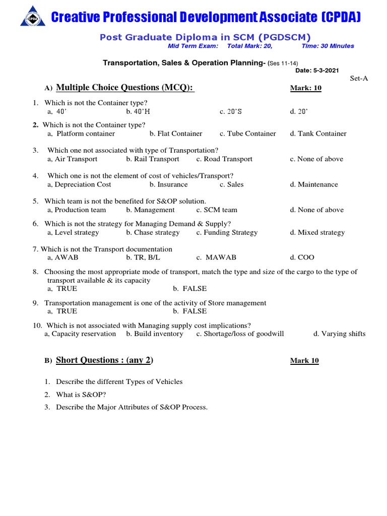 Multiple Choice Questions (MCQ) :: Post Graduate Diploma in SCM (PGDSCM) | PDF