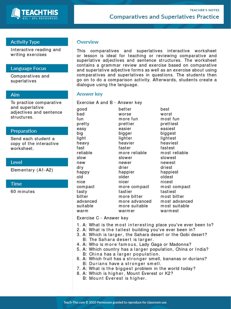Comparatives and Superlatives Interactive Practice Teachers Notes | PDF ...