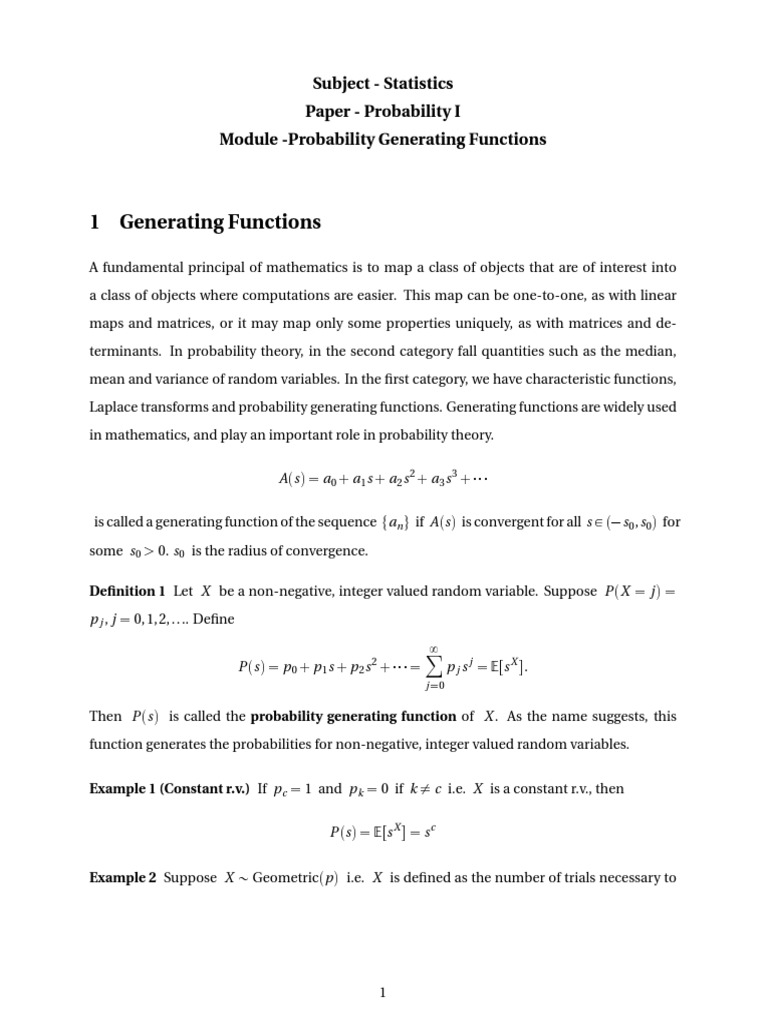 Probability Generating Functions Explained | PDF | Power Series ... Probability Generating Functions Explained | PDF | Power Series ...