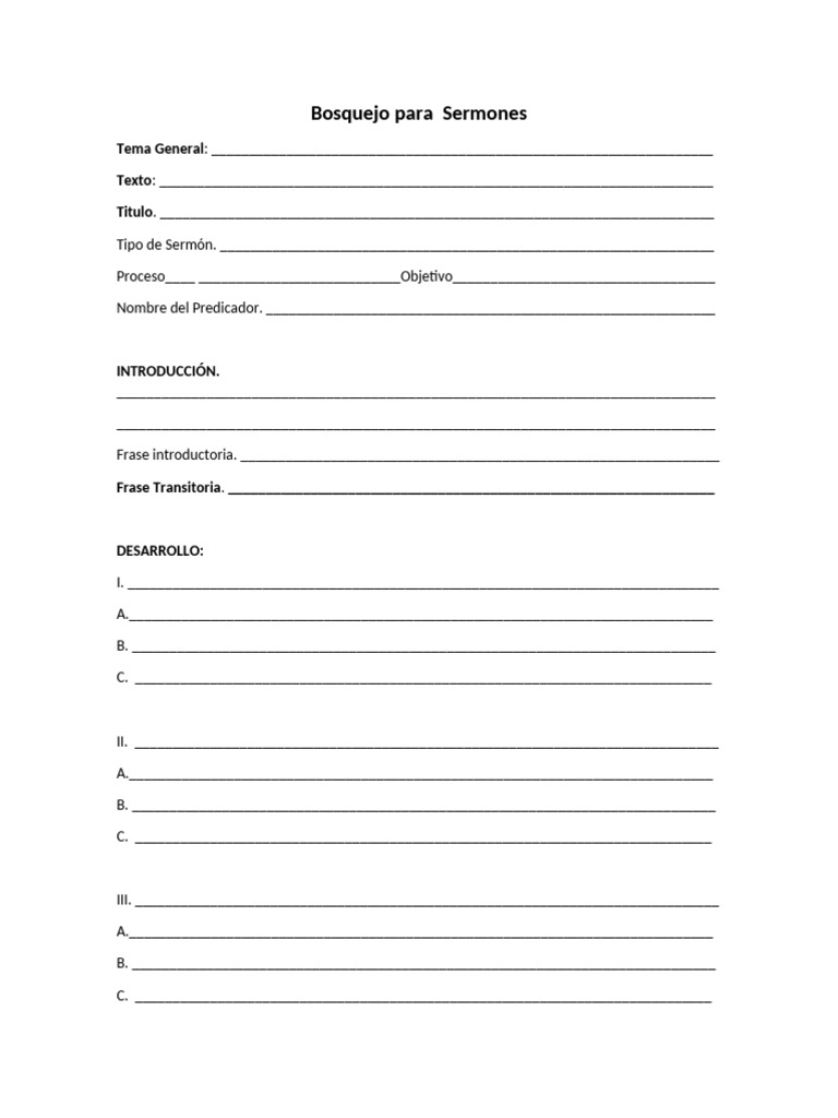 Plantilla Imprimible En Blanco Del Esquema Del Sermón Segundo Domingo