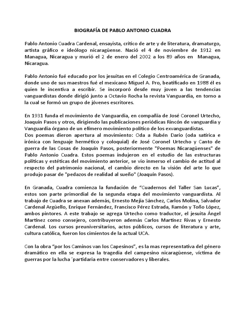 Biografía de Pablo Antonio Cuadra | PDF | Nicaragua | Poesía