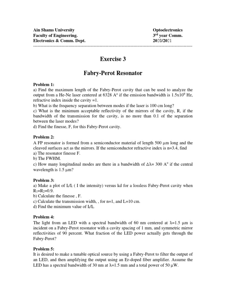 SHEET 2FPResonator2021 | PDF | Electrodynamics | Electromagnetic Radiation