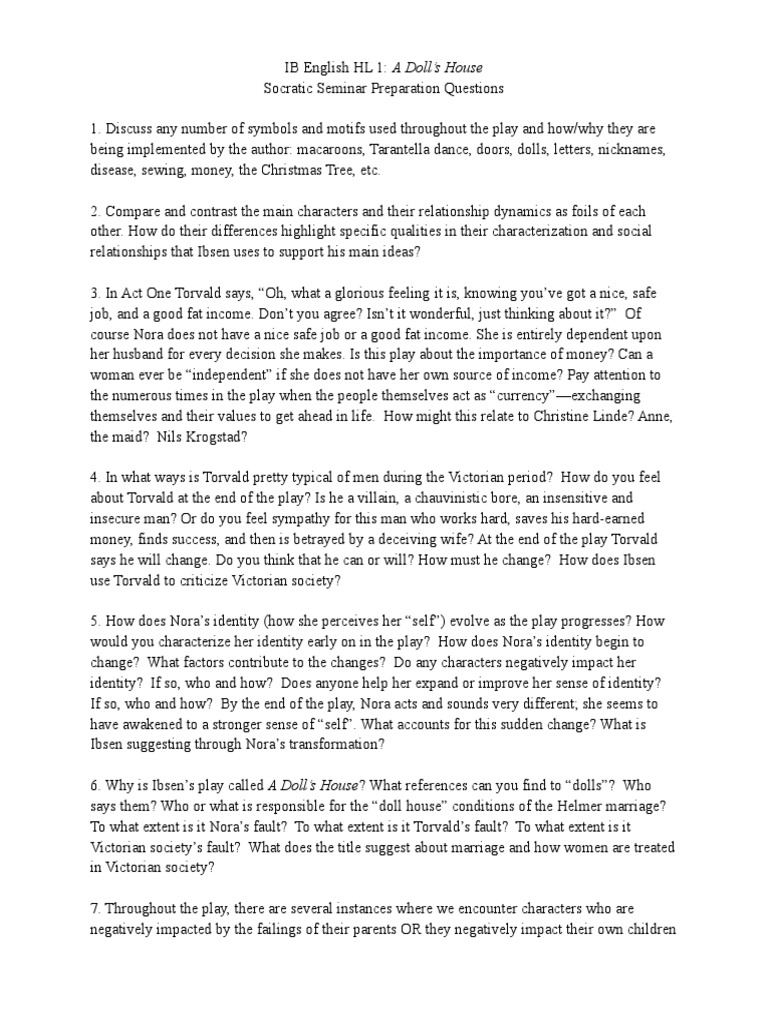 Socratic Seminar Prep Questions | PDF | A Doll's House | Human Nature