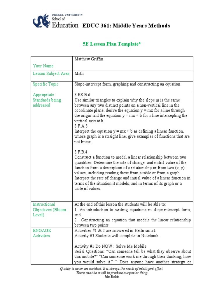 5e Lesson Plan Observation 1 | PDF | Line (Geometry) | Elementary ...