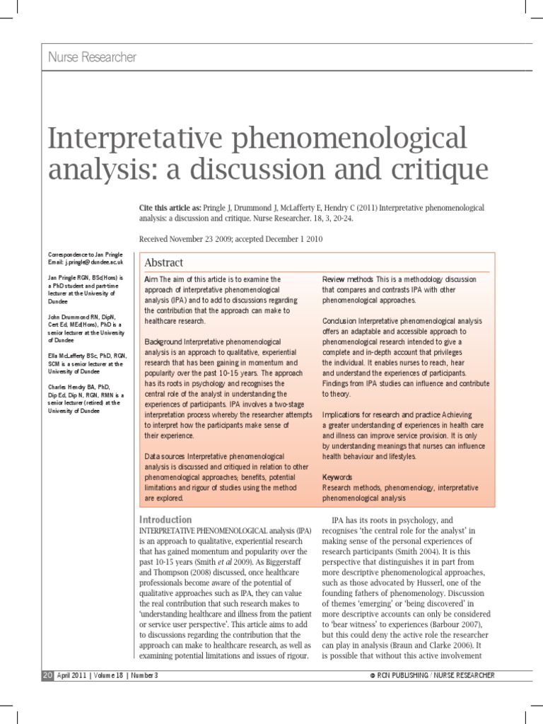 Interpretative Phenomenological Analysis: A Discussion and Critique ...