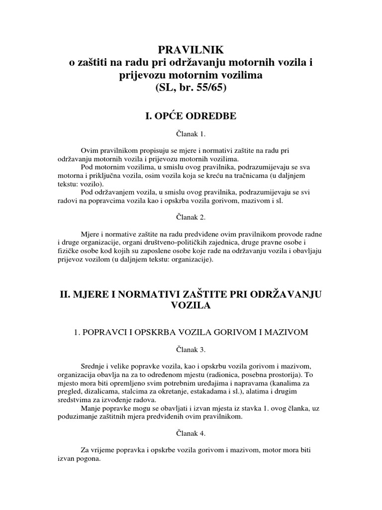 Pravilnik o ZNR Pri Odrzavanju Motornih Vozila I Prijevozu Motornih Vozila - SFRJ 55-65 | PDF