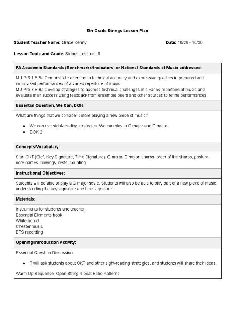 5th Grade Strings Lesson Plan | PDF | Viola | Lesson Plan