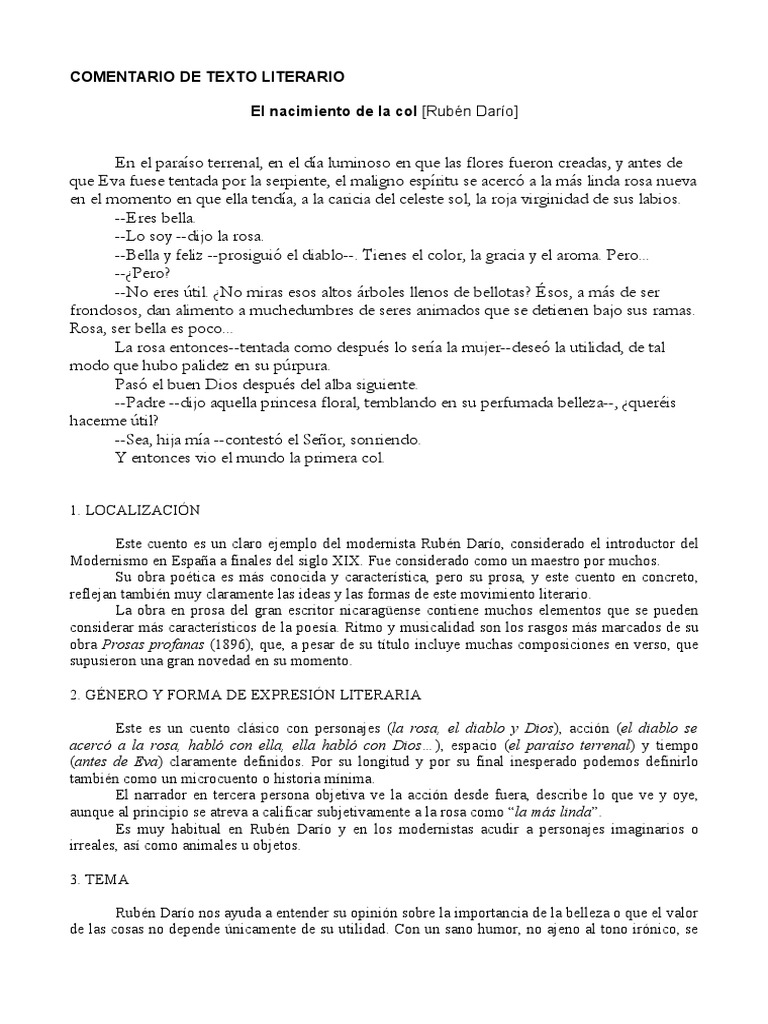 Comentario de El Nacimiento de La Col - de - Ruben Dario | PDF ...