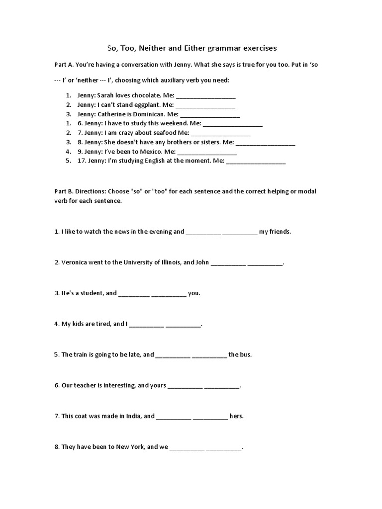 So, Too, Neither and Either Grammar Exercises | PDF