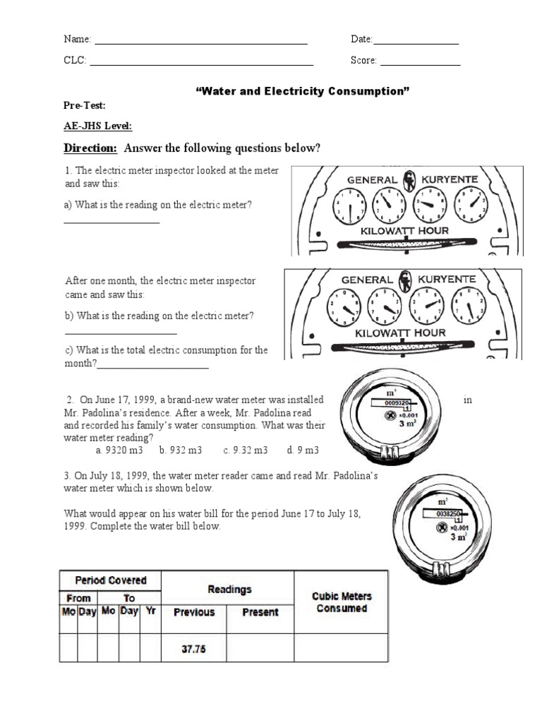 Worksheets LS3 Water and Electric Consumption | PDF | Metrology | Physics