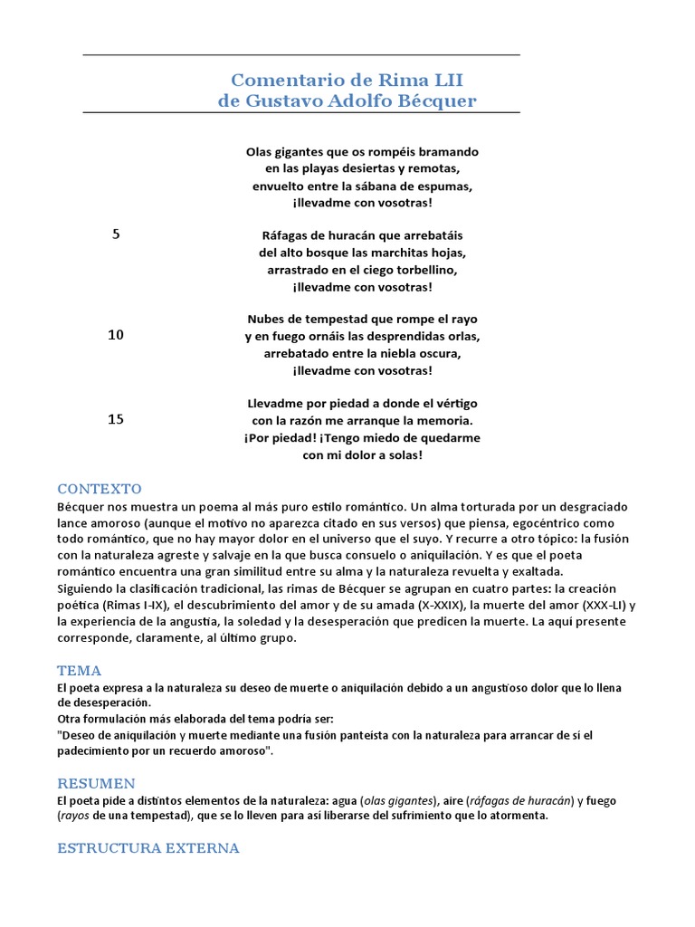 COMENTARIO de "Rima LII" de - Gustavo Adolfo Bécquer | PDF | Poesía ...