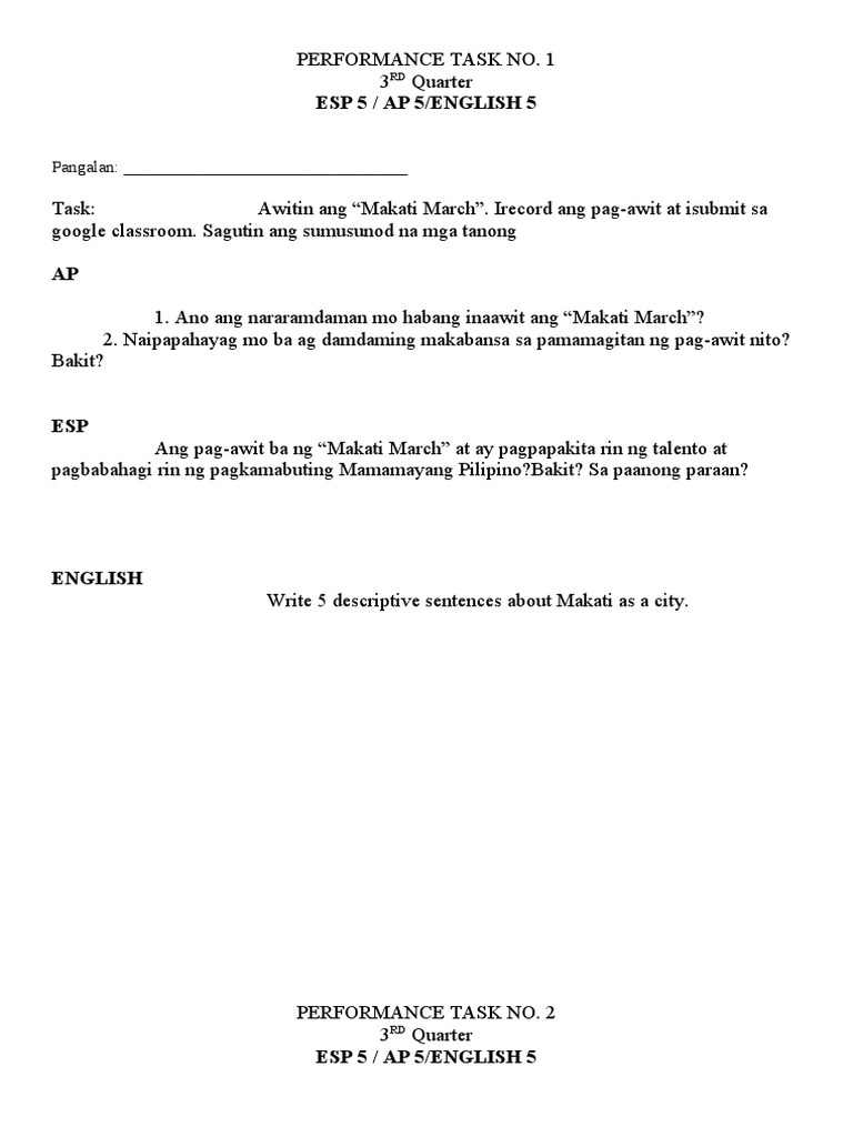 Performance Task Esp and AP and English q3 | PDF