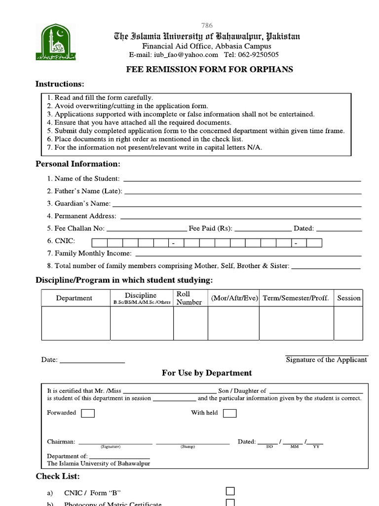 Fee Remission Form For Orphans | PDF
