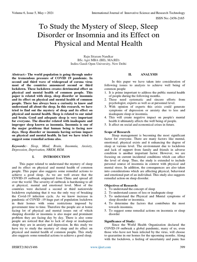 To Study The Mystery of Sleep, Sleep Disorder or Insomnia and Its ...