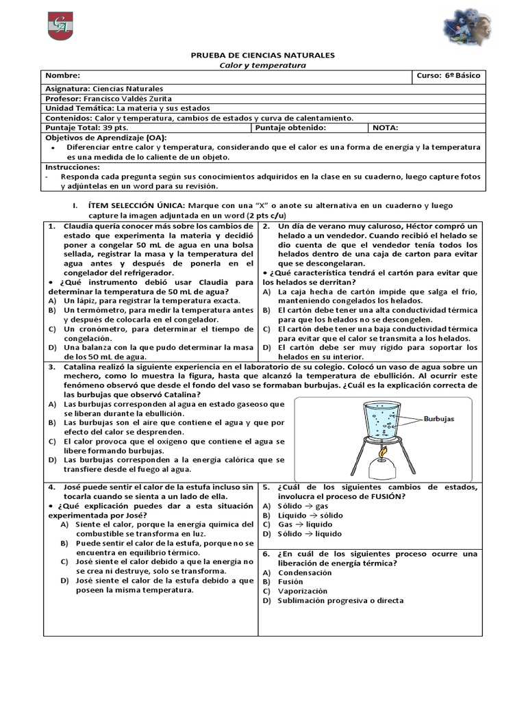 Prueba Calor y Temperatura | PDF | Calor | Hielo