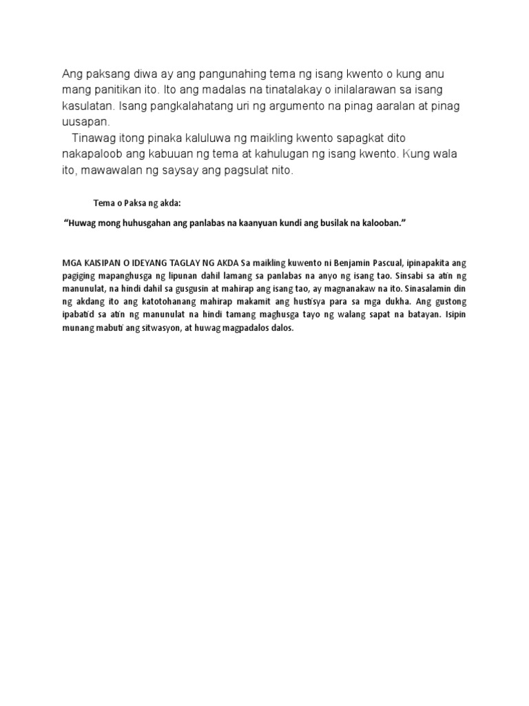 Ang Paksang Diwa Ay Ang Pangunahing Tema NG Isang Kwento o Kung Anu ...