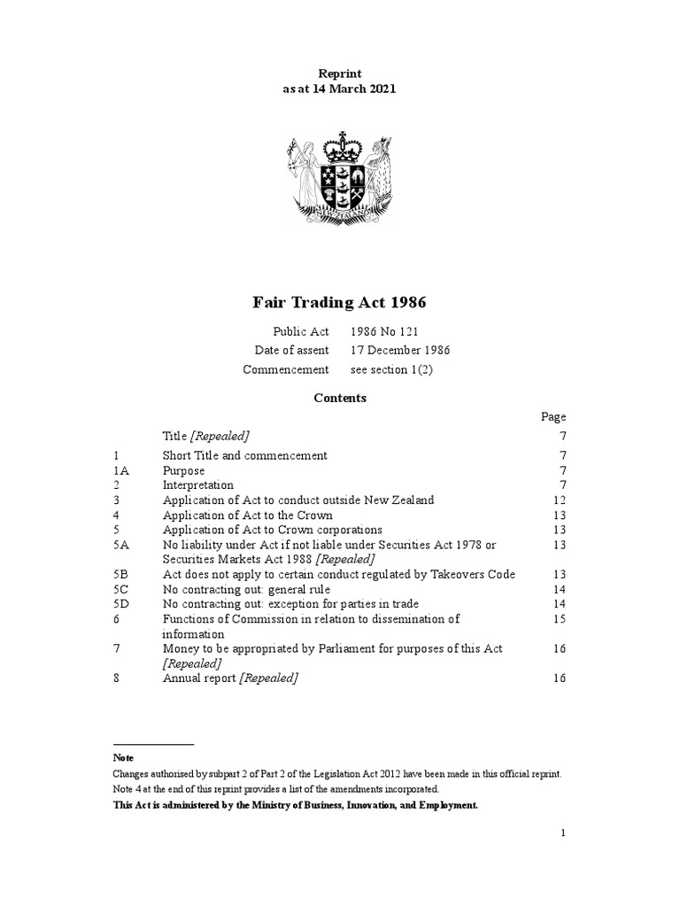 Fair Trading Act 1986 Overview | PDF | Copyright Infringement | Repeal