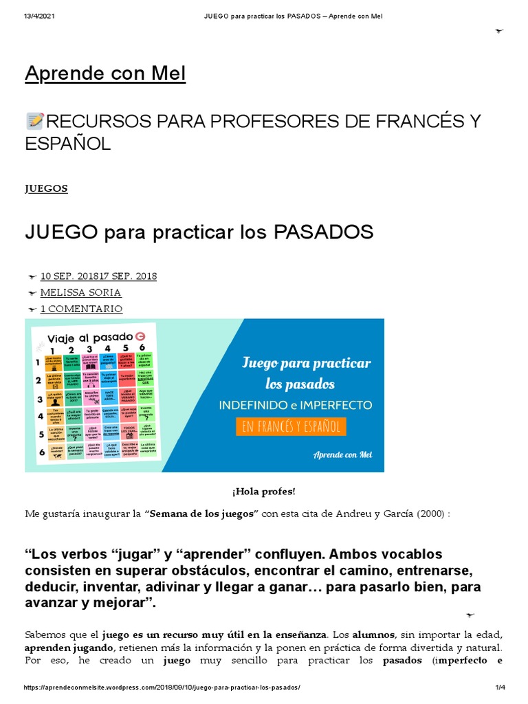 JUEGO para Practicar Los PASADOS - Aprende Con Mel | PDF
