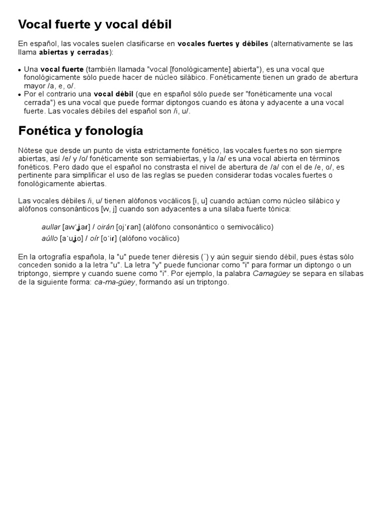 Vocales fuertes y débiles en español | PDF | Estrés (lingüística) | Vocal