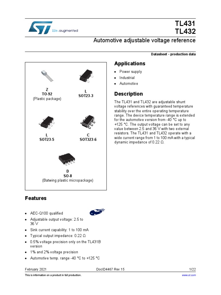 TL431 TL432: Automotive Adjustable Voltage Reference | PDF | Electromagnetism | Electricity