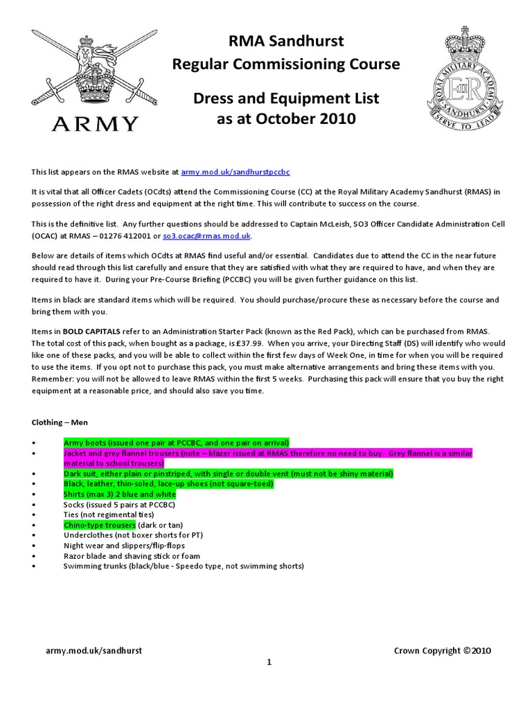 RMA Sandhurst Regular Commissioning Course Dress and Equipment List As ...