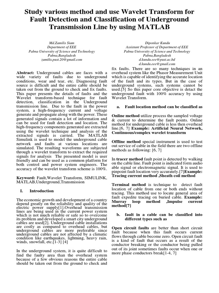 Study Various Method and Use Wavelet Transform For Fault Detection and Classification of ...