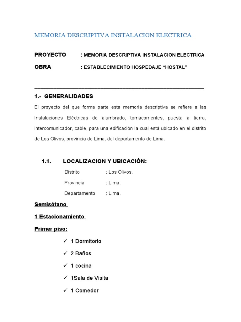 Memoria Descriptiva (Instalacion Electrica) | PDF | Aislador (Electricidad) | Cobre