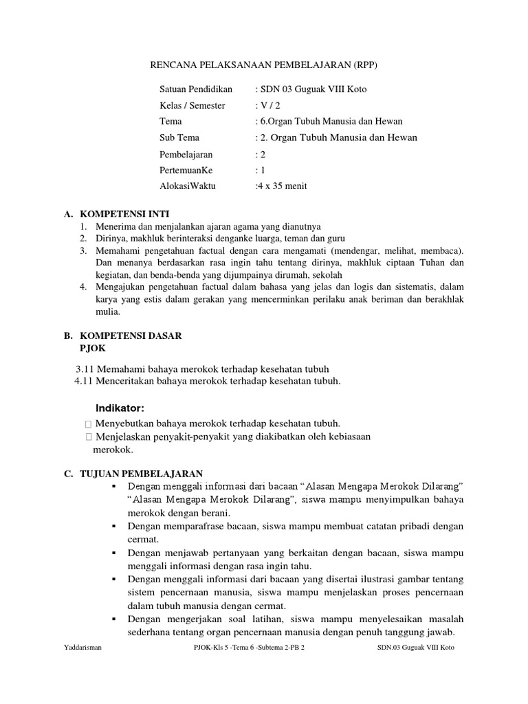 RPP Kls V Tema 6.subtema 2-PB 2 - Done | PDF