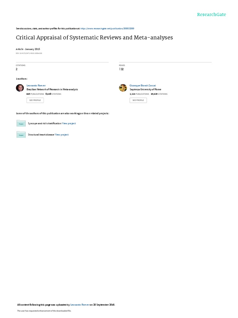 Critical Appraisal of Systematic Reviews and Meta | PDF | Systematic ...