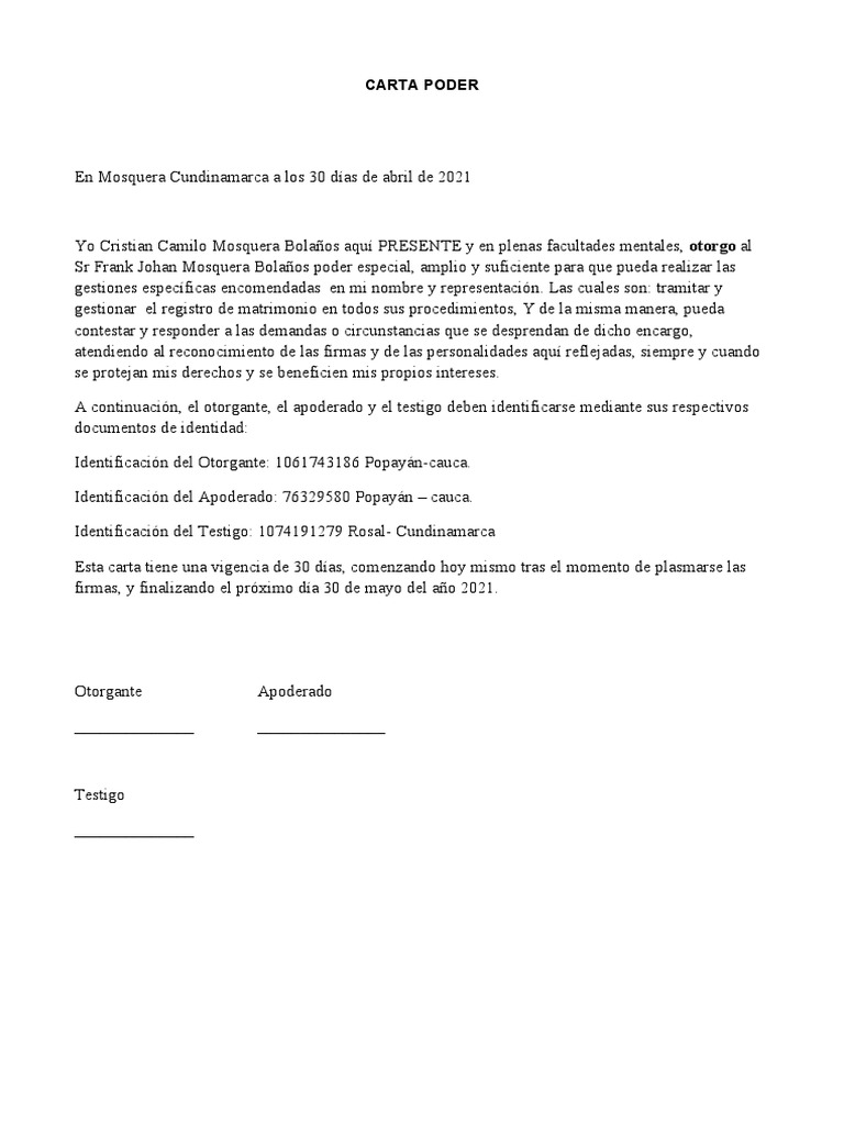 CARTA-PODER - PARA TRAMITE NOTARIA 1 Cristian | PDF