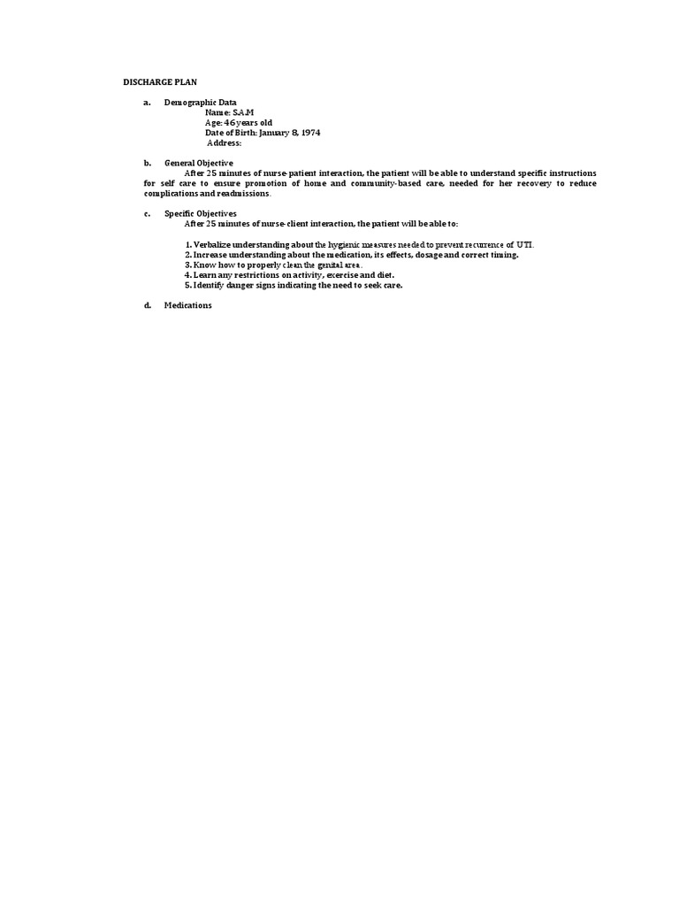 UTI Discharge Plan | PDF | Medical Treatments | Medical Specialties