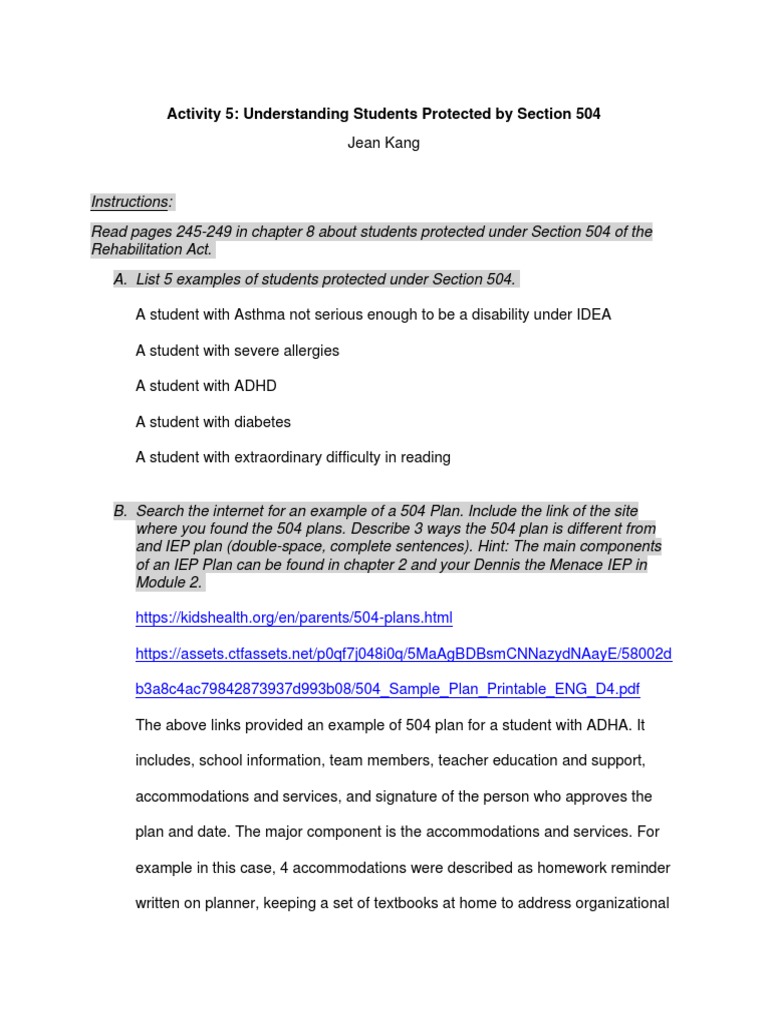 Section 504 Plan Overview and Examples | PDF | Individualized Education ...