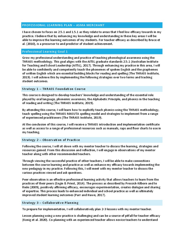 Professional Learning Plan - Asma Merchant | PDF | Mentorship | Phonics