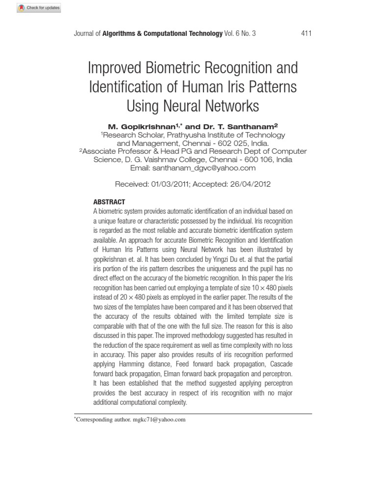 Improved Biometric Recognition and Identification of Human Iris Patterns Using Neural Networks ...