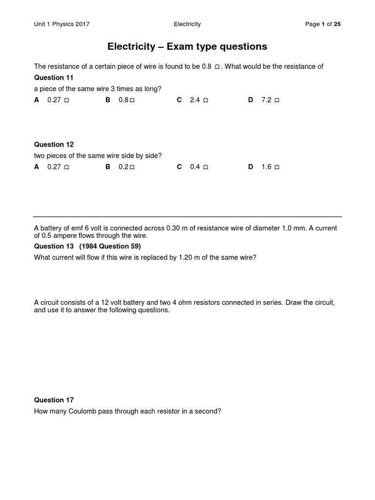 Electricity Exam Type Questions 2017 | PDF | Voltage | Electrical ...